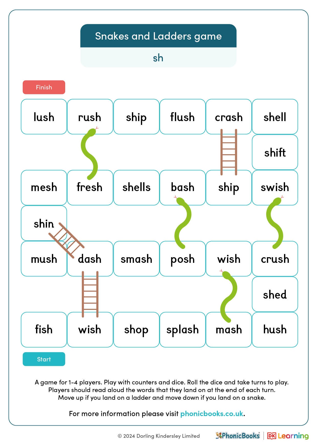 Snakes and Ladders game: words with 'sh' – Phonic Books UK