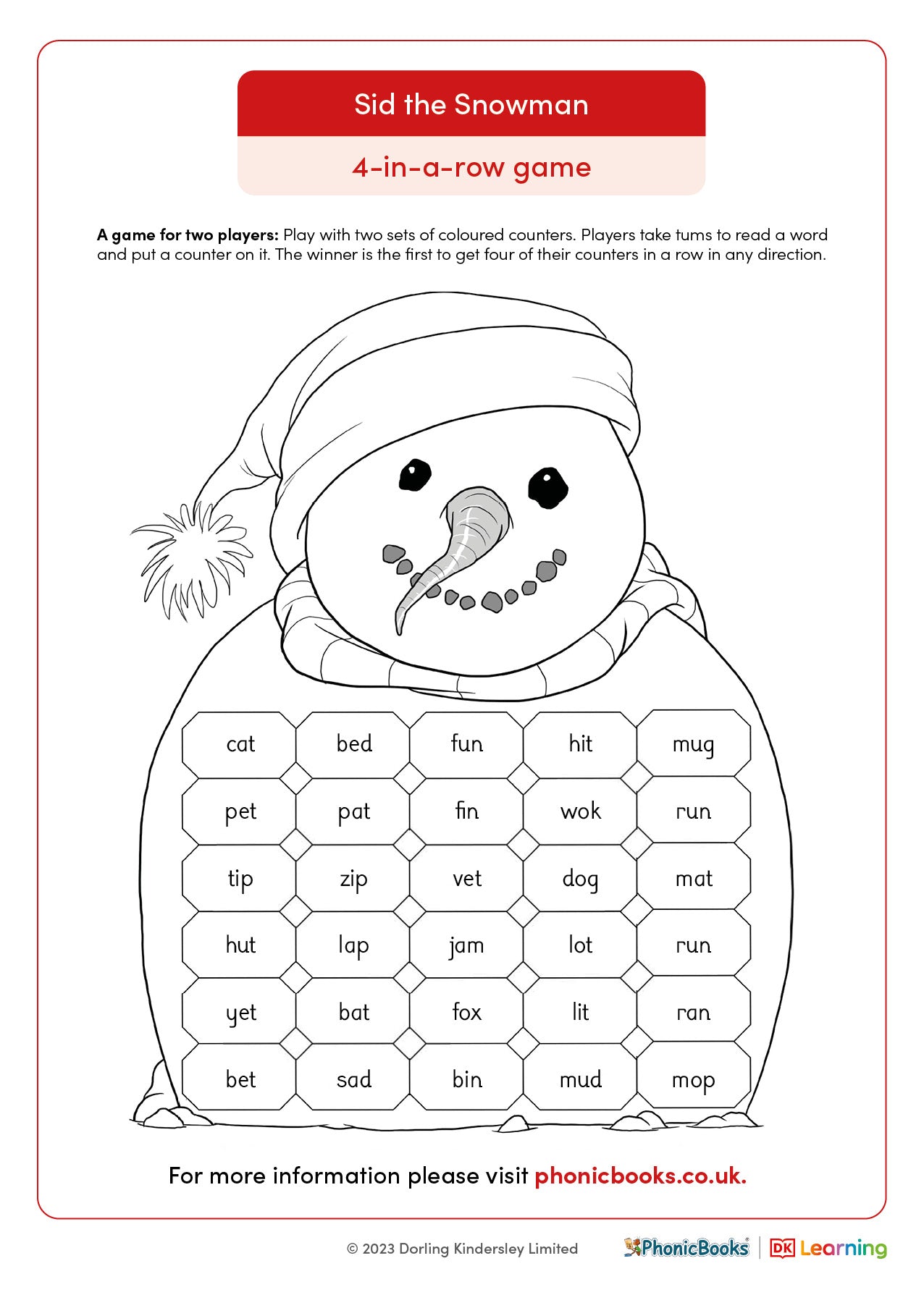 Four-in-a-row game: Snowman CVC words – Phonic Books UK
