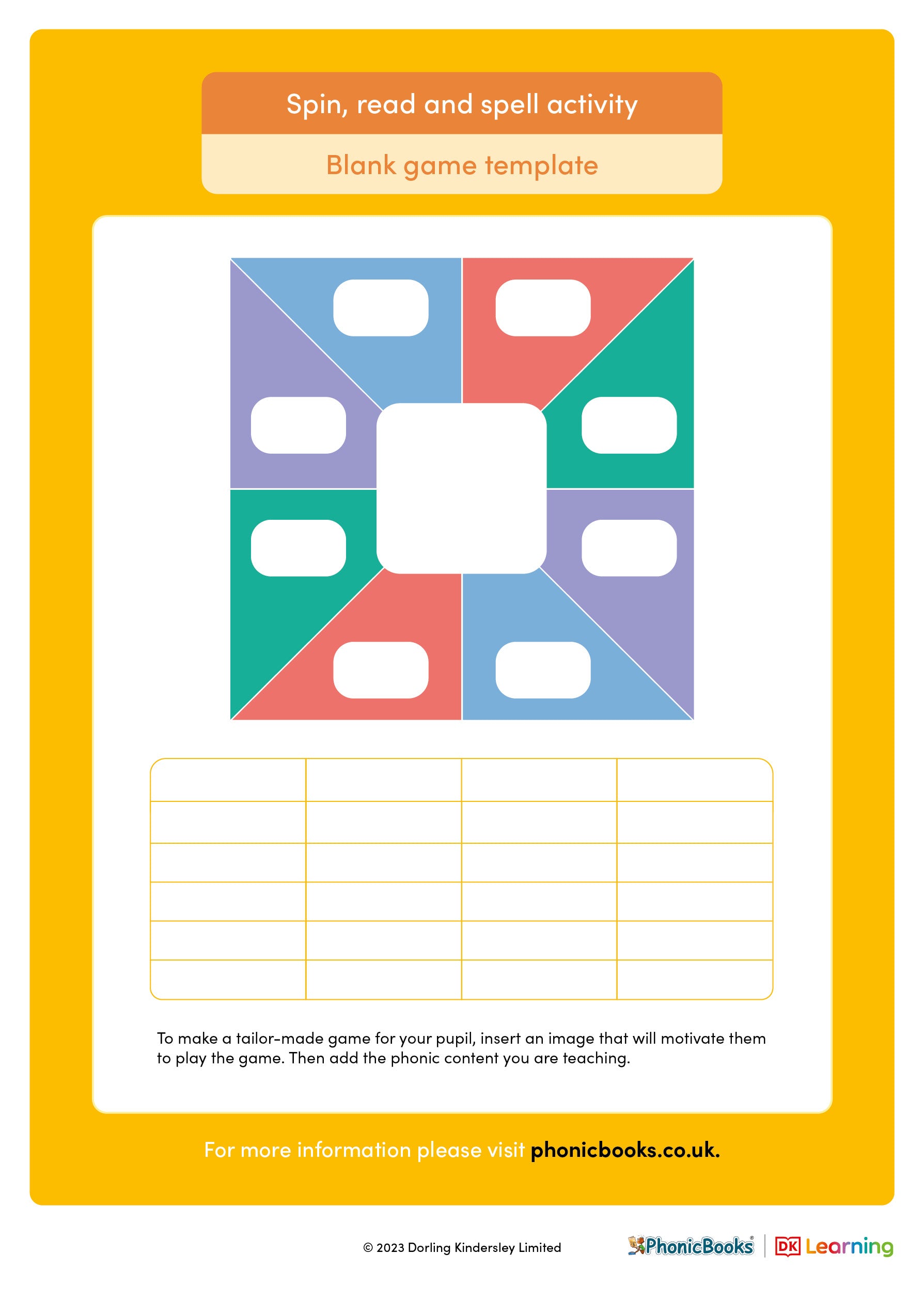Spin, read and spell activities: Blank game template – Phonic Books UK