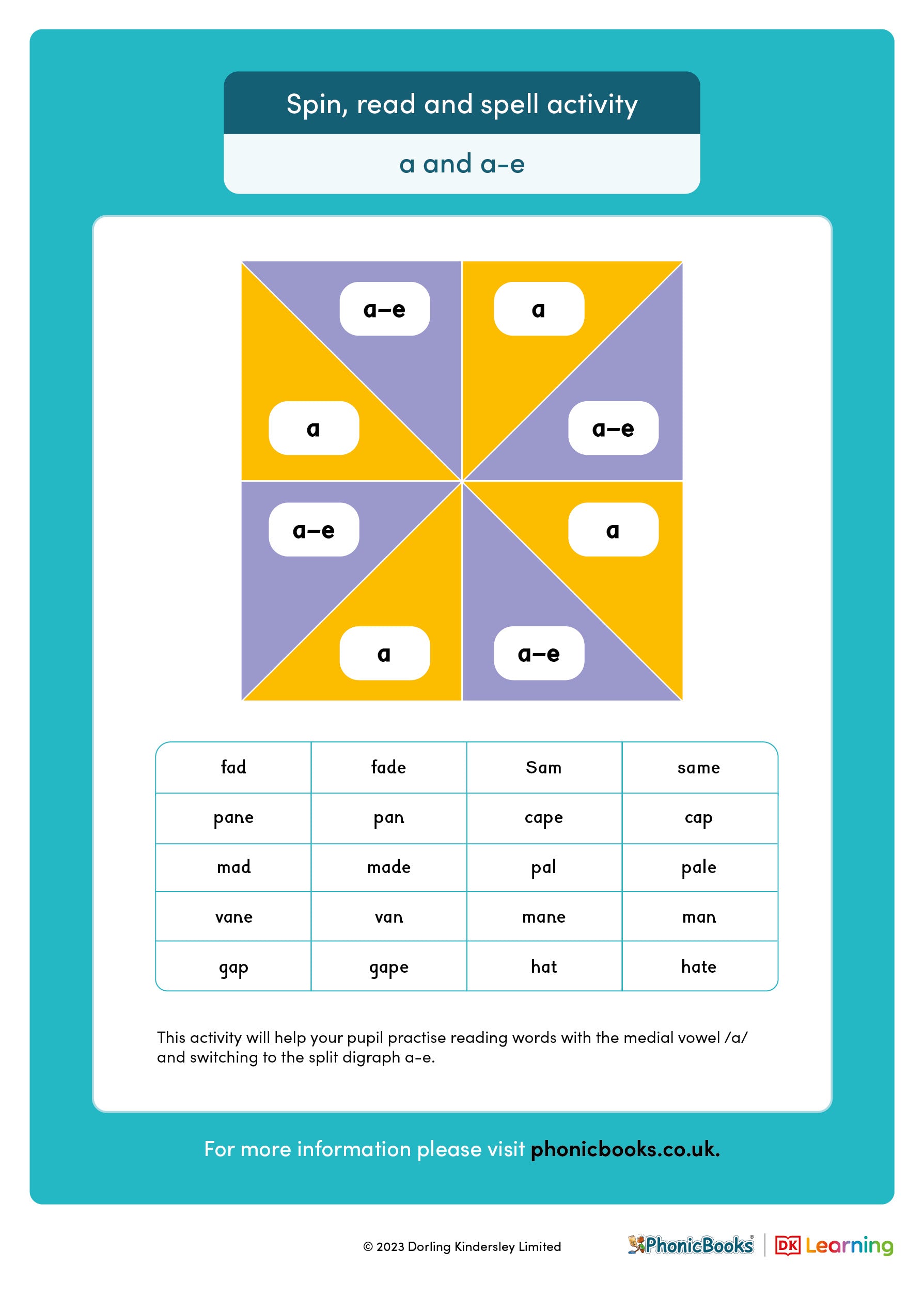 Spin, read and spell activities: 'a' and 'a-e' – Phonic Books UK