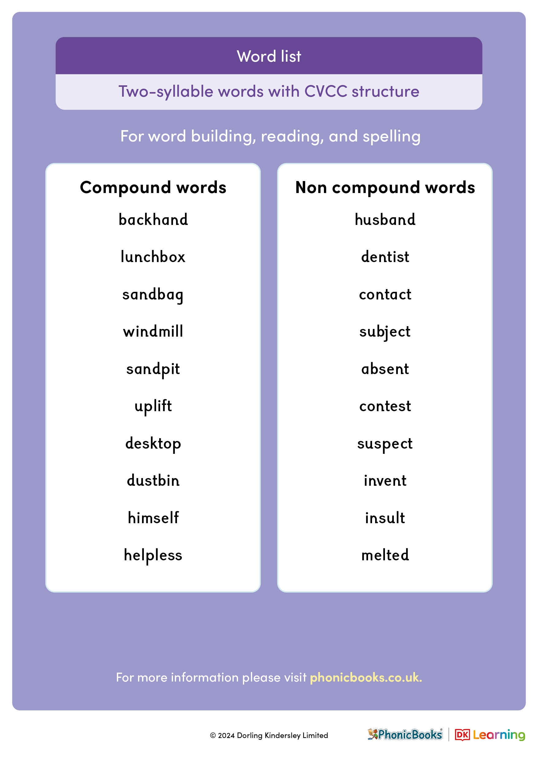 Word list: Two-syllable CVCC words – Phonic Books UK