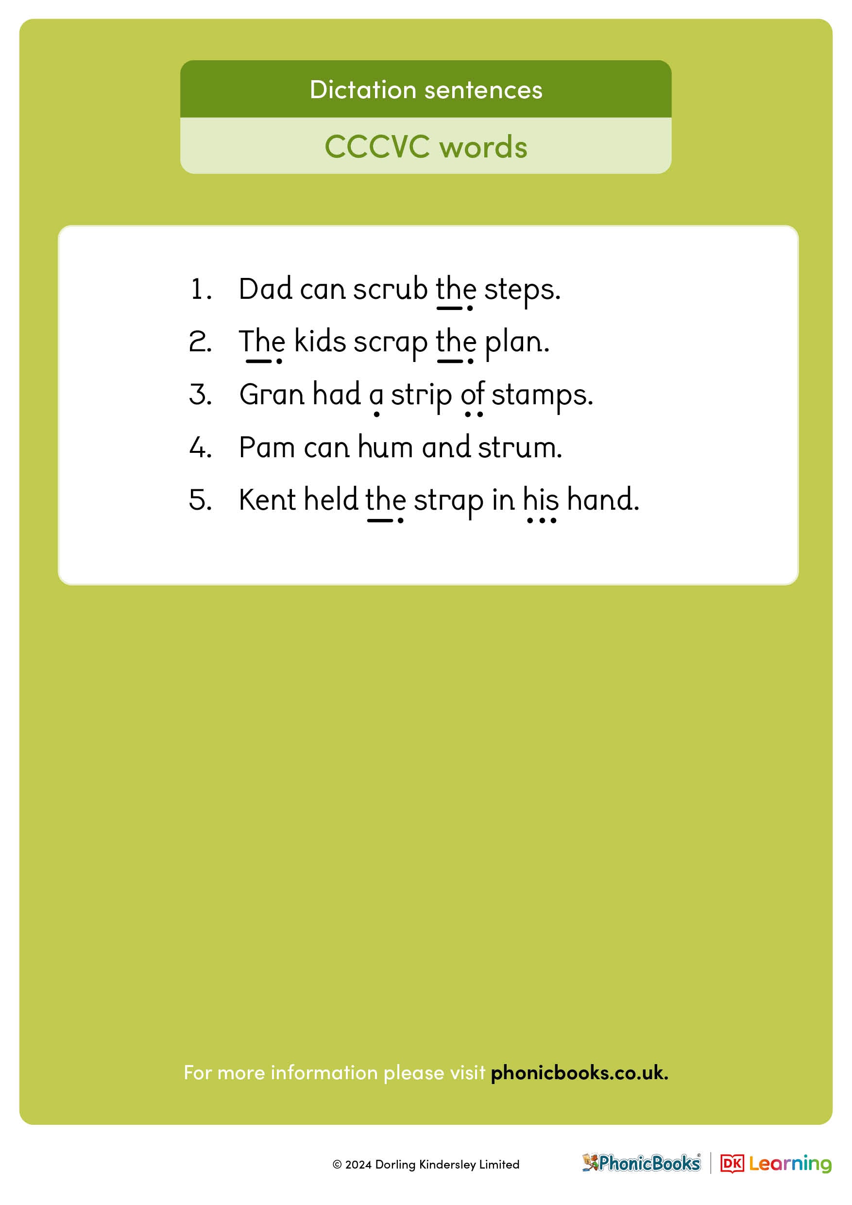 Dictation sentences: CCCVC words – Phonic Books UK
