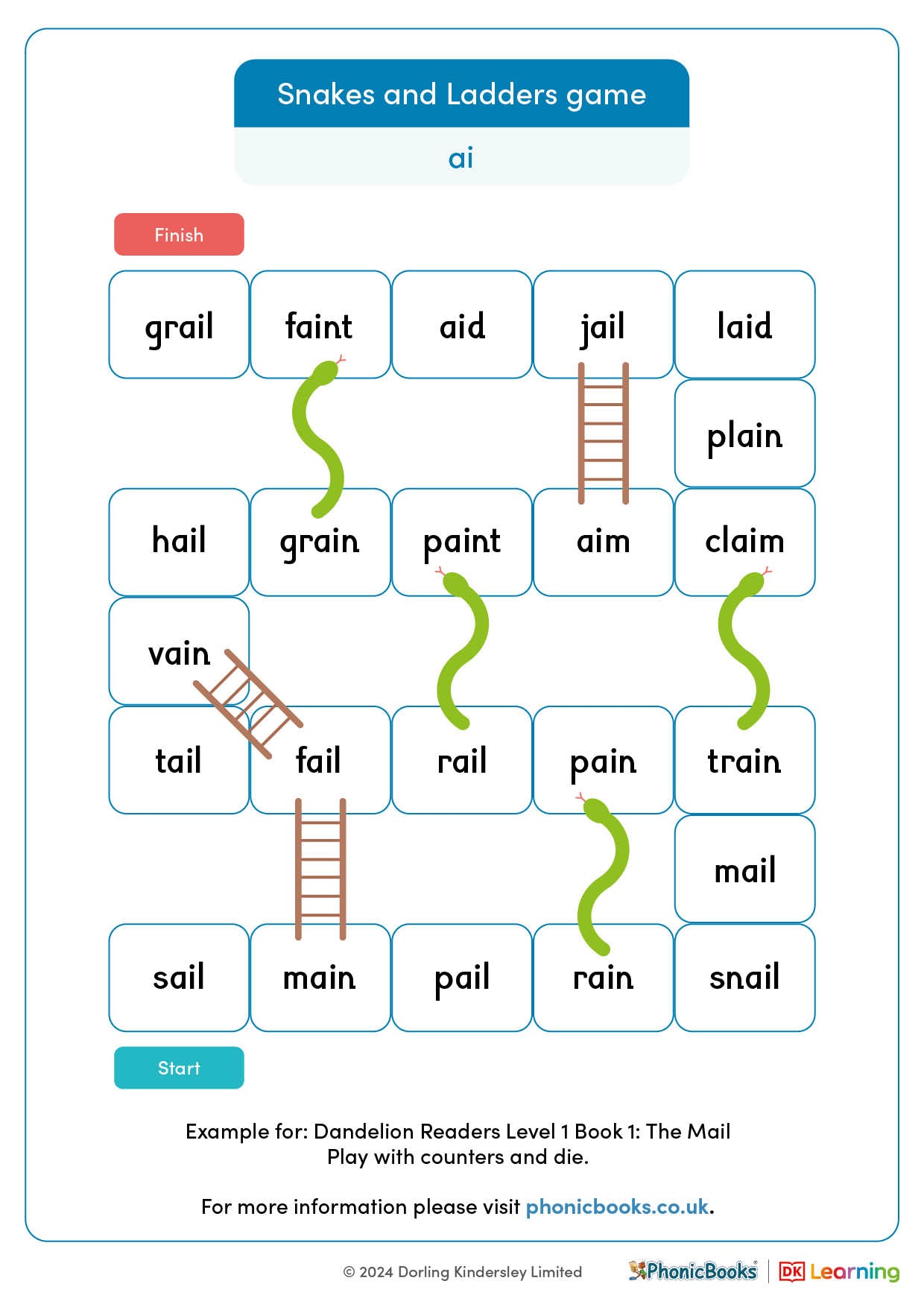 Snakes and Ladders game: words with 'ai' – Phonic Books UK