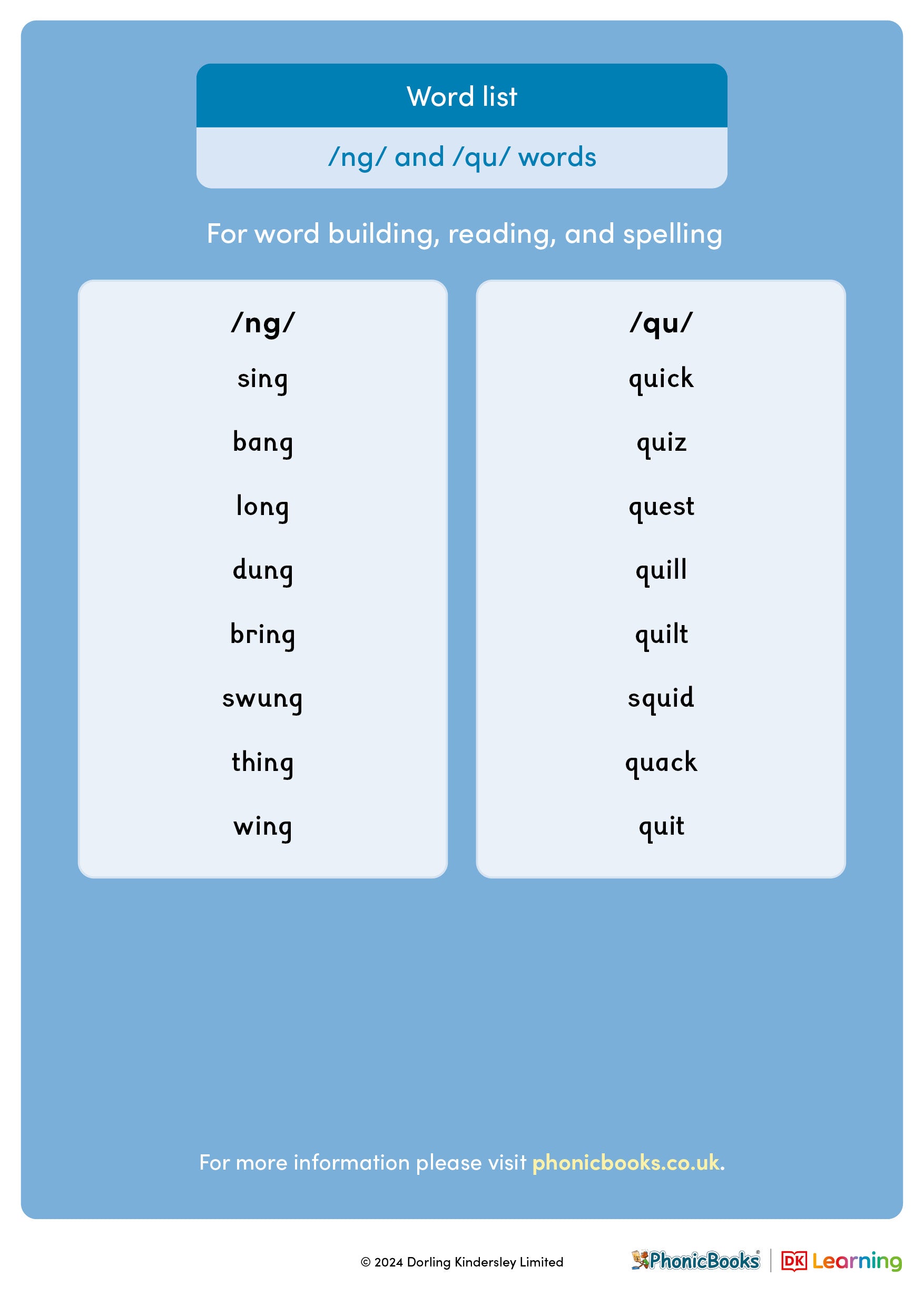 Word list: /ng/ and /qu/ words – Phonic Books UK